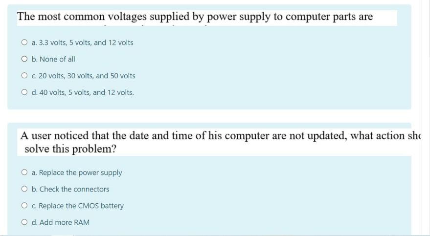Solved The most common voltages supplied by power supply to | Chegg.com