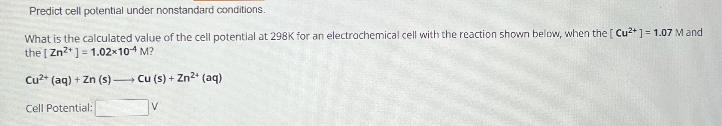 Solved Predict cell potential under nonstandard | Chegg.com
