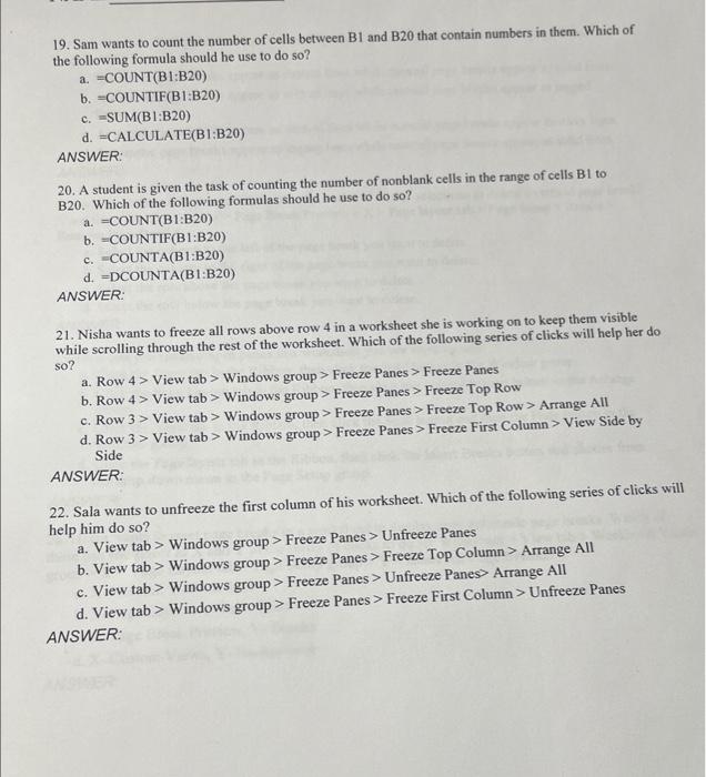 Solved 19. Sam wants to count the number of cells between B1 | Chegg.com