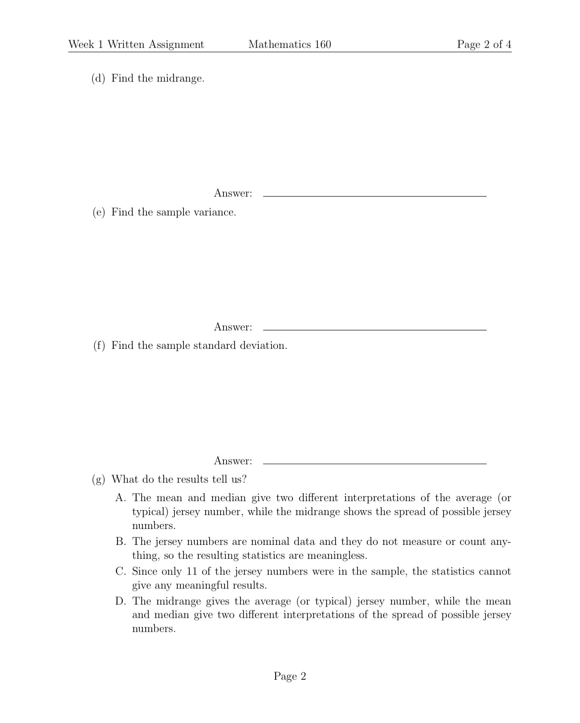 Solved Week 1 ﻿Written AssignmentMathematics 160Page 2 ﻿of | Chegg.com