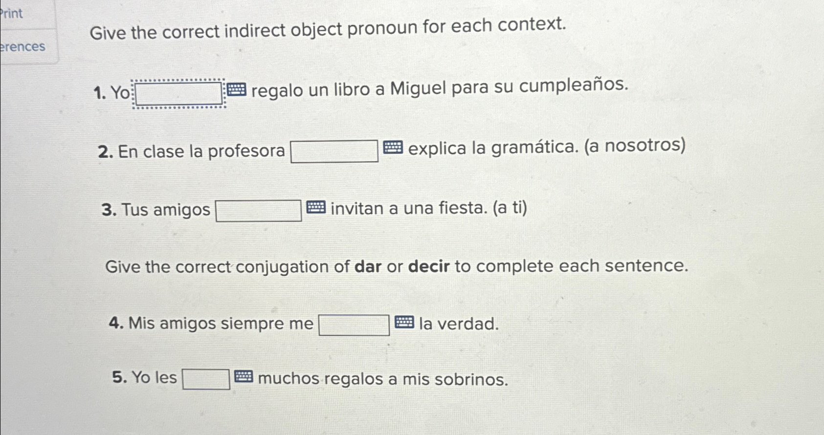 Give the correct indirect object pronoun for each | Chegg.com