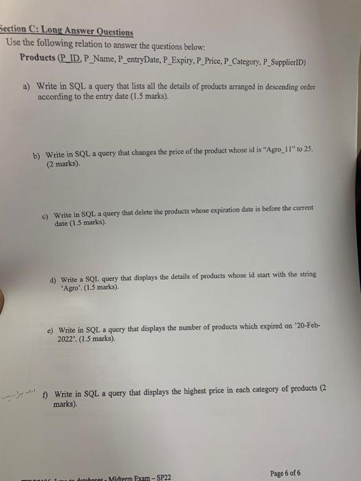 Solved Section C: Long Answer Questions Use the following | Chegg.com