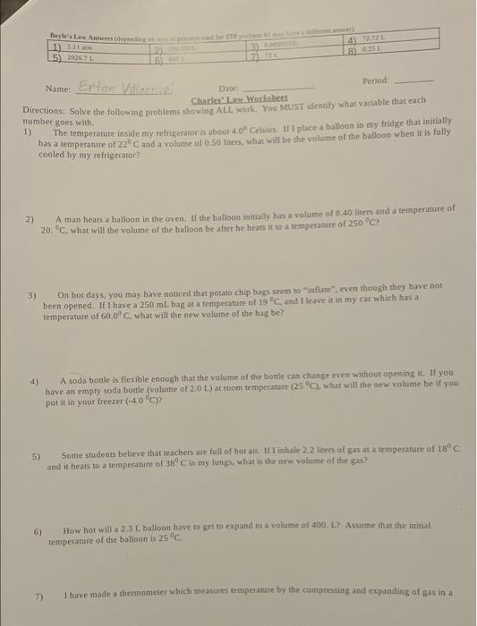 Solved Charles' Law Worksheet Directions: Solve the | Chegg.com