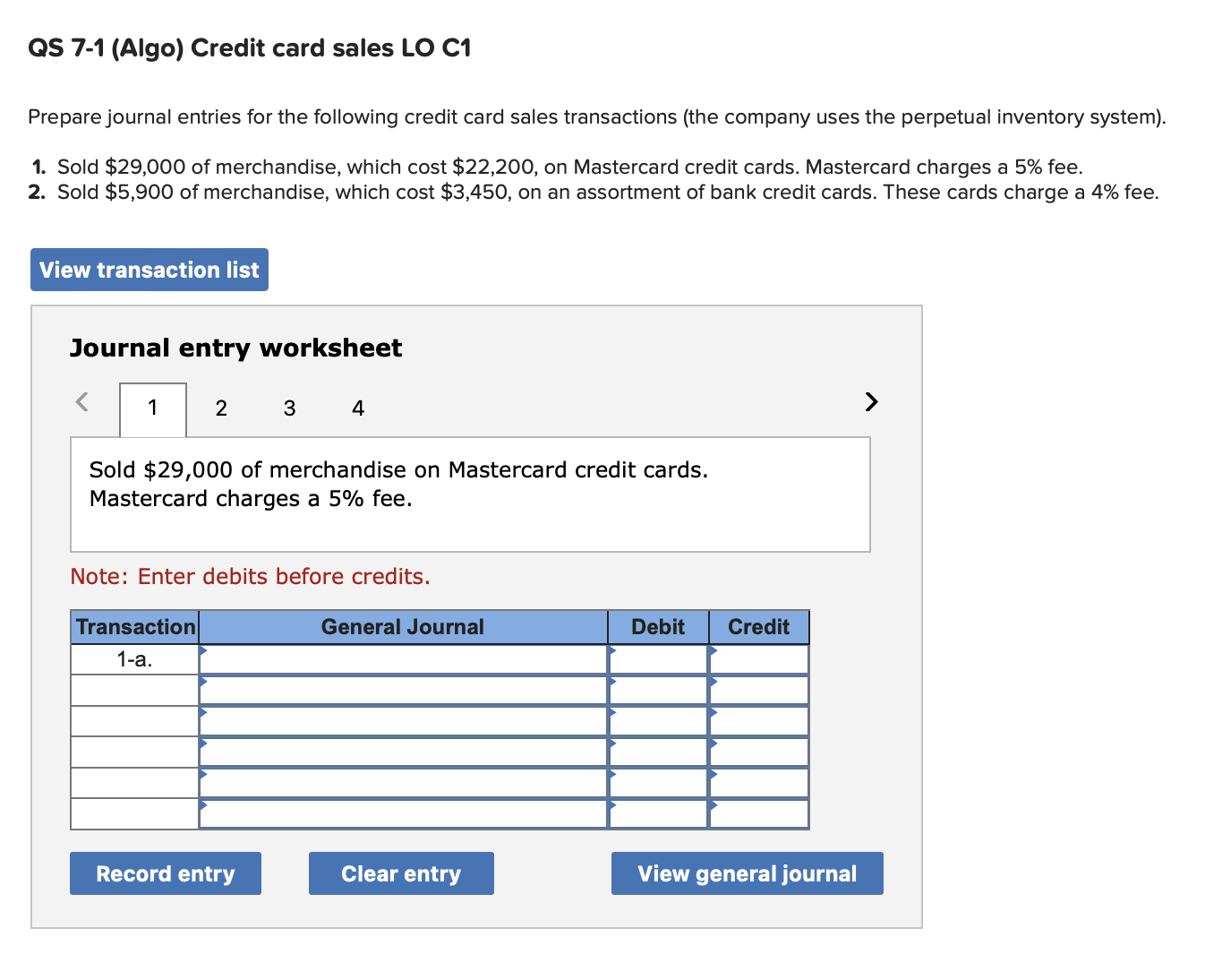 QS 7-1 (Algo) ﻿Credit card sales LO C1Prepare journal | Chegg.com