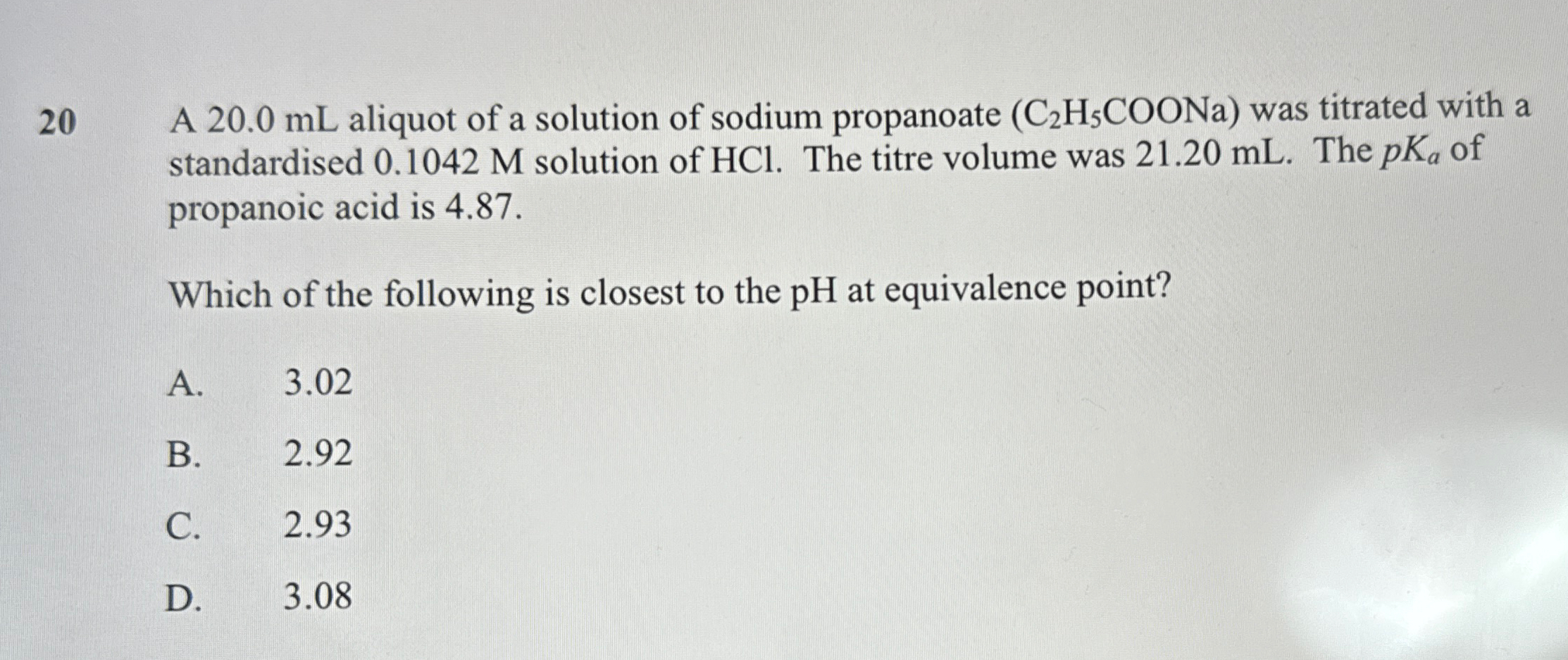 Solved 20 ﻿A 20.0mL ﻿aliquot of a solution of sodium | Chegg.com