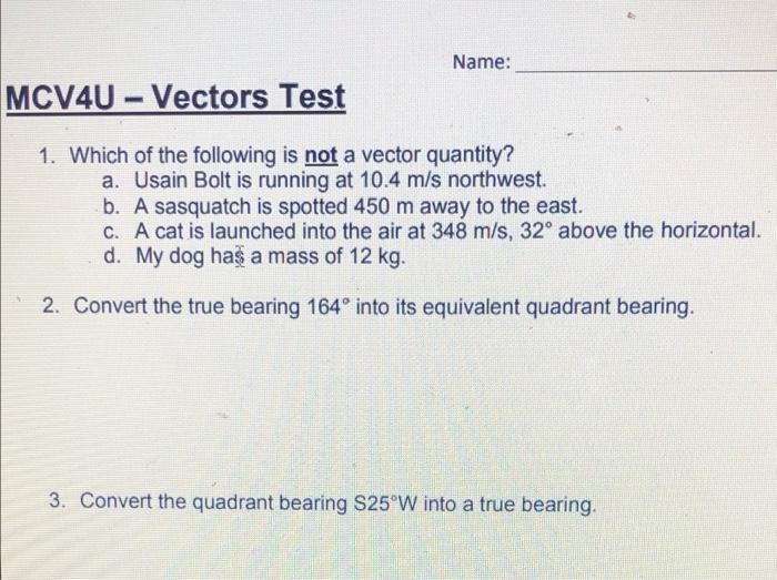 Solved Name: MCV4U - Vectors Test 1. Which of the following | Chegg.com