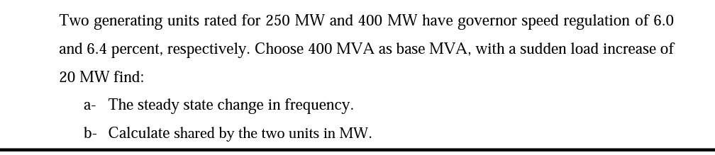 Solved Two generating units rated for 250MW and 400MW have | Chegg.com