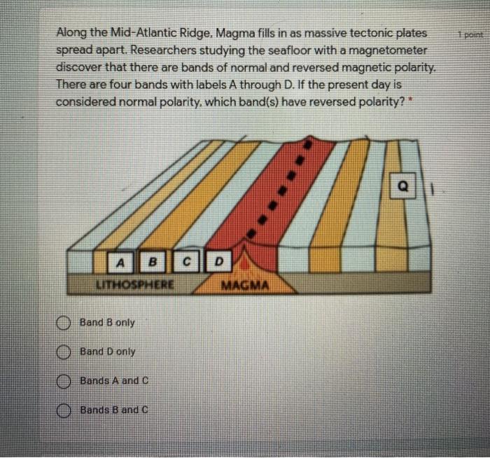 Solved 1 point Along the Mid-Atlantic Ridge. Magma fills in | Chegg.com