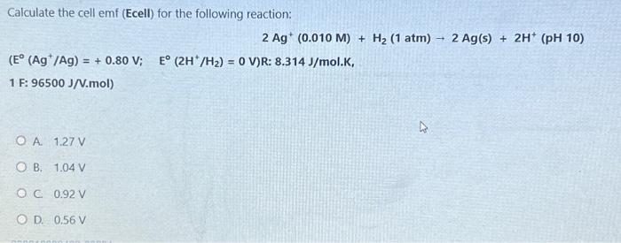 Solved Calculate the cell emf (Ecell) for the following | Chegg.com