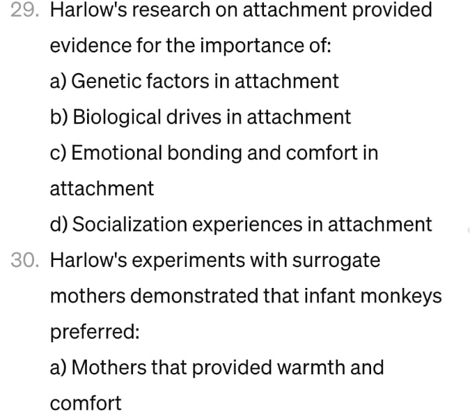 Solved Harlow's research on attachment provided evidence for | Chegg.com