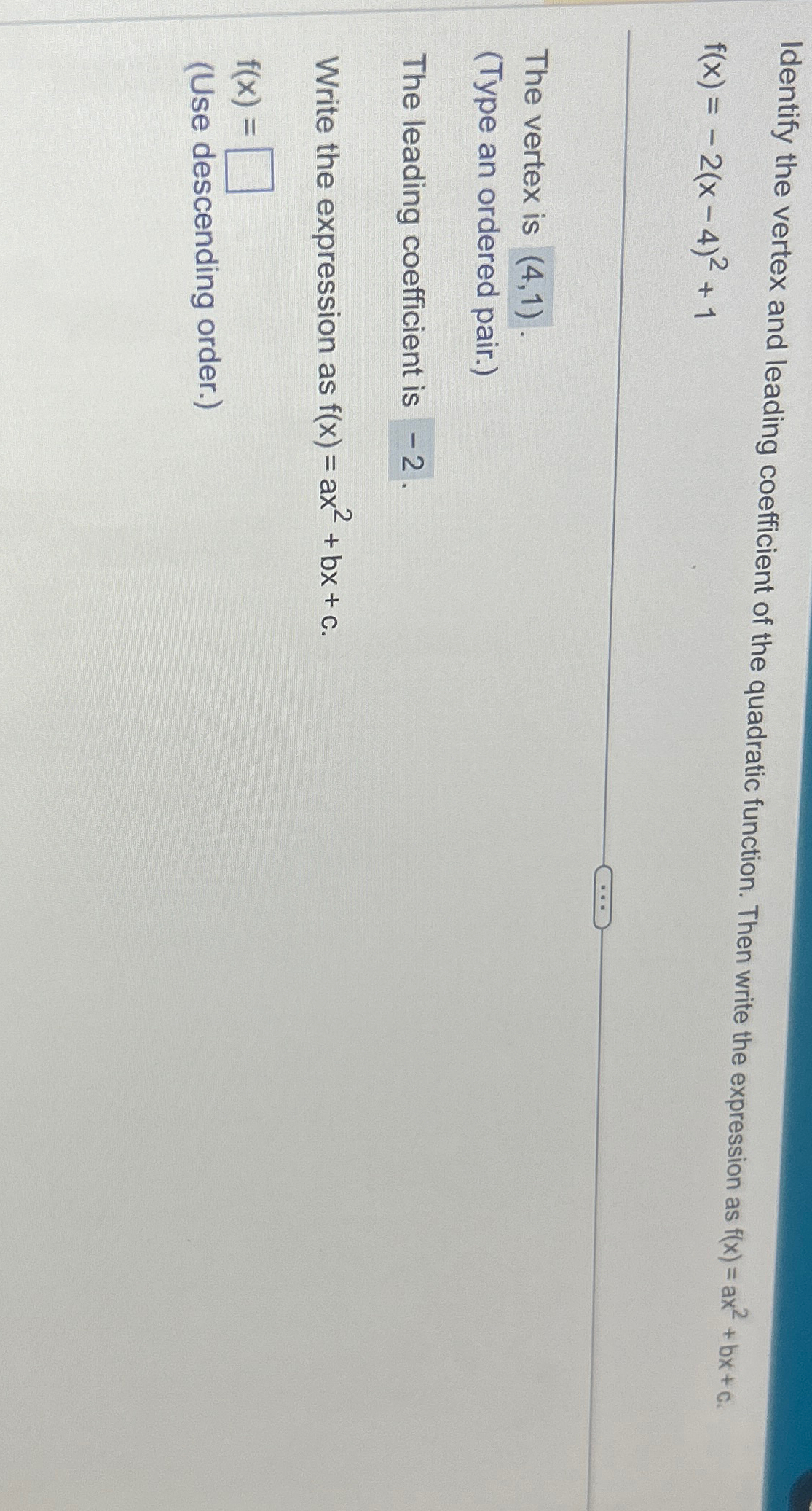 Solved Identify the vertex and leading coefficient of the | Chegg.com
