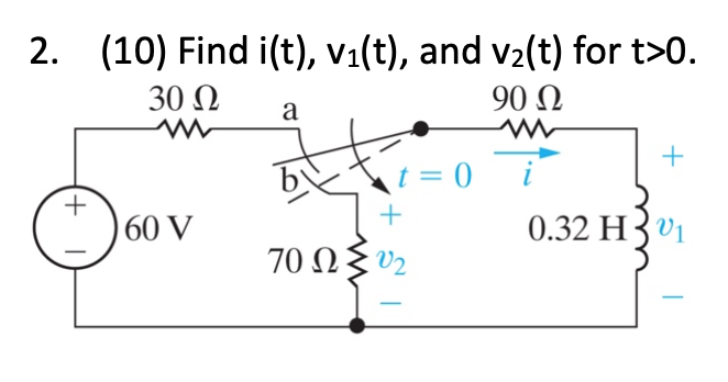 Solved (10) ﻿Find i(t),v1(t), ﻿and v2(t) ﻿for t>0. | Chegg.com