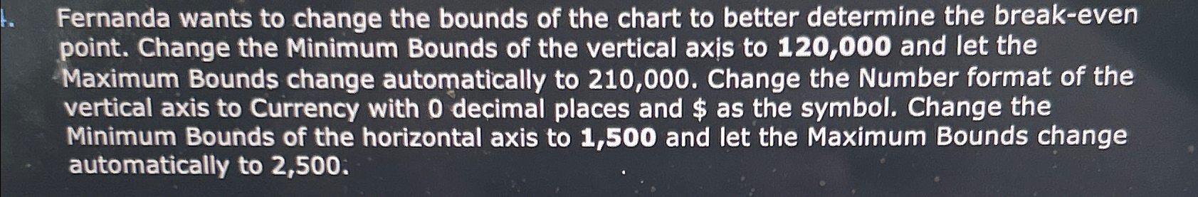Solved Fernanda wants to change the bounds of the chart to | Chegg.com