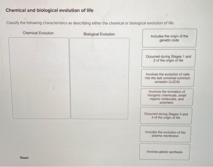 Solved Chemical and biological evolution of life Classify | Chegg.com