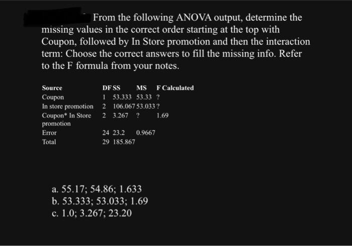 Solved From the following ANOVA output, determine the | Chegg.com