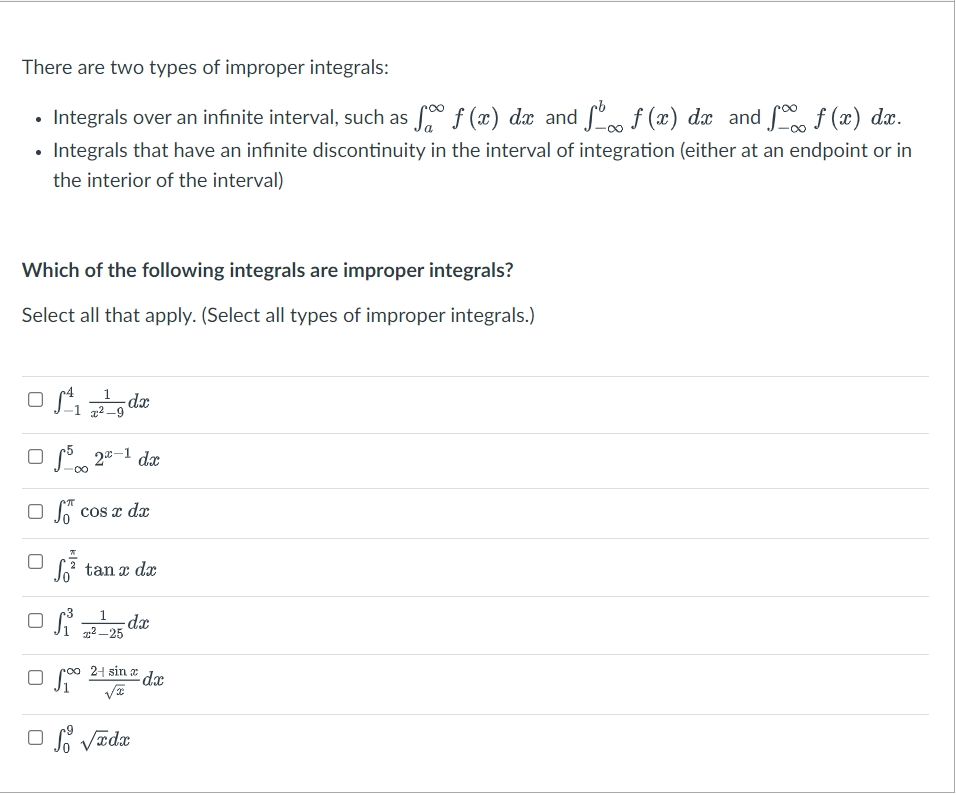 Solved There are two types of improper integrals:Integrals | Chegg.com Solved There are two types of improper integrals:Integrals | Chegg.com