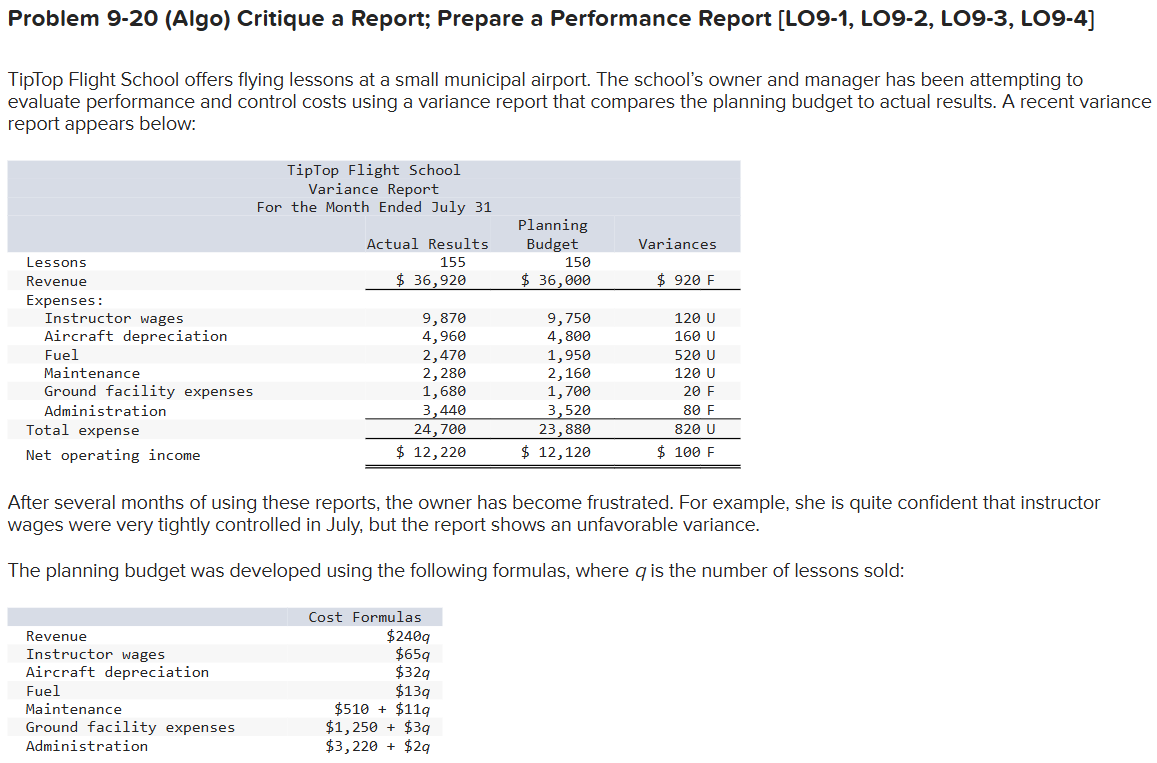 Problem 9-20 (Algo) ﻿Critique a Report; Prepare a | Chegg.com
