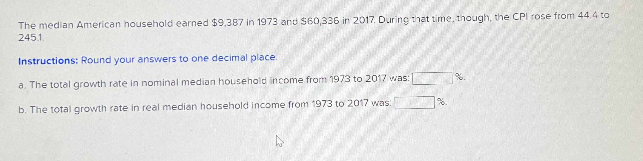 Solved The median American household earned $9,387 ﻿in 1973 | Chegg.com