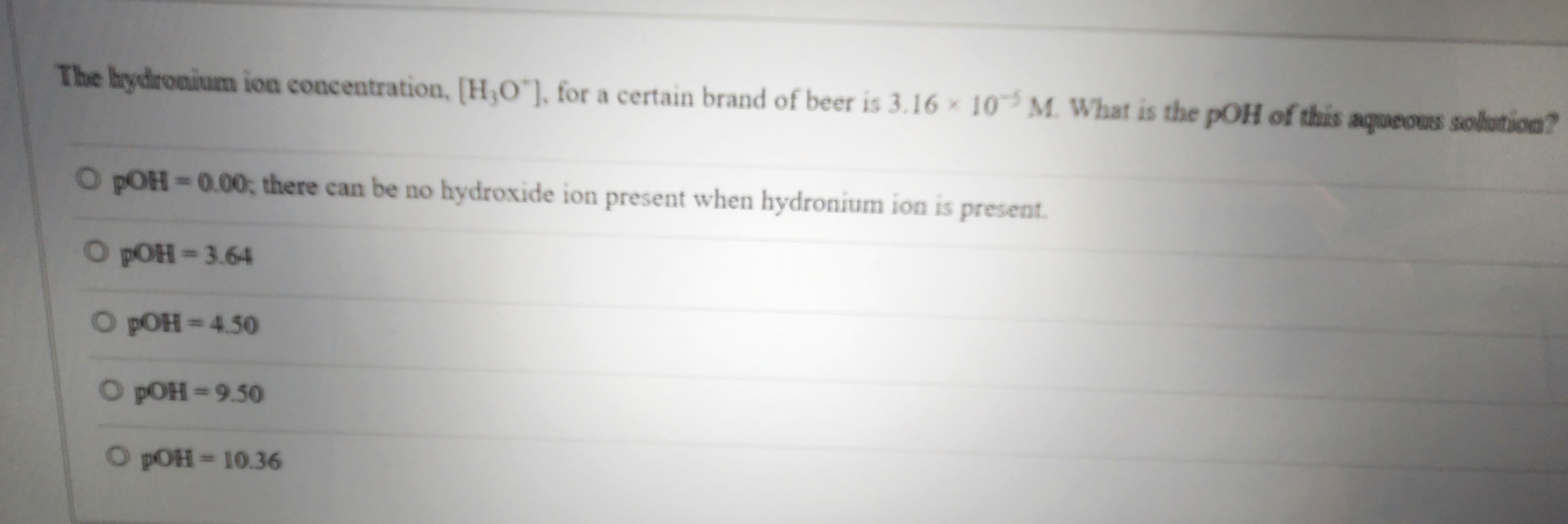 Solved The hydronium ion concentration, H3O+, ﻿for a certain | Chegg.com