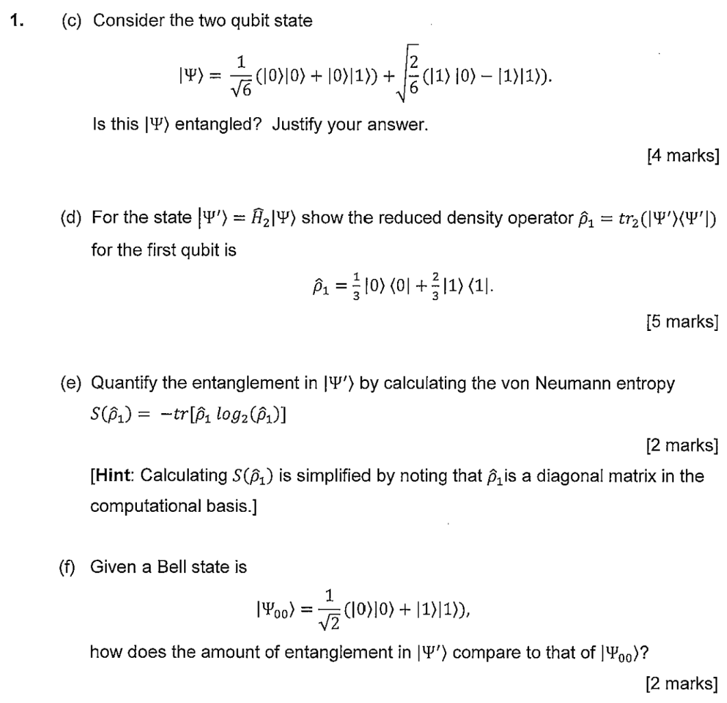 Solved (c) ﻿Consider the two qubit state|Ψ:Is this |Ψ: | Chegg.com