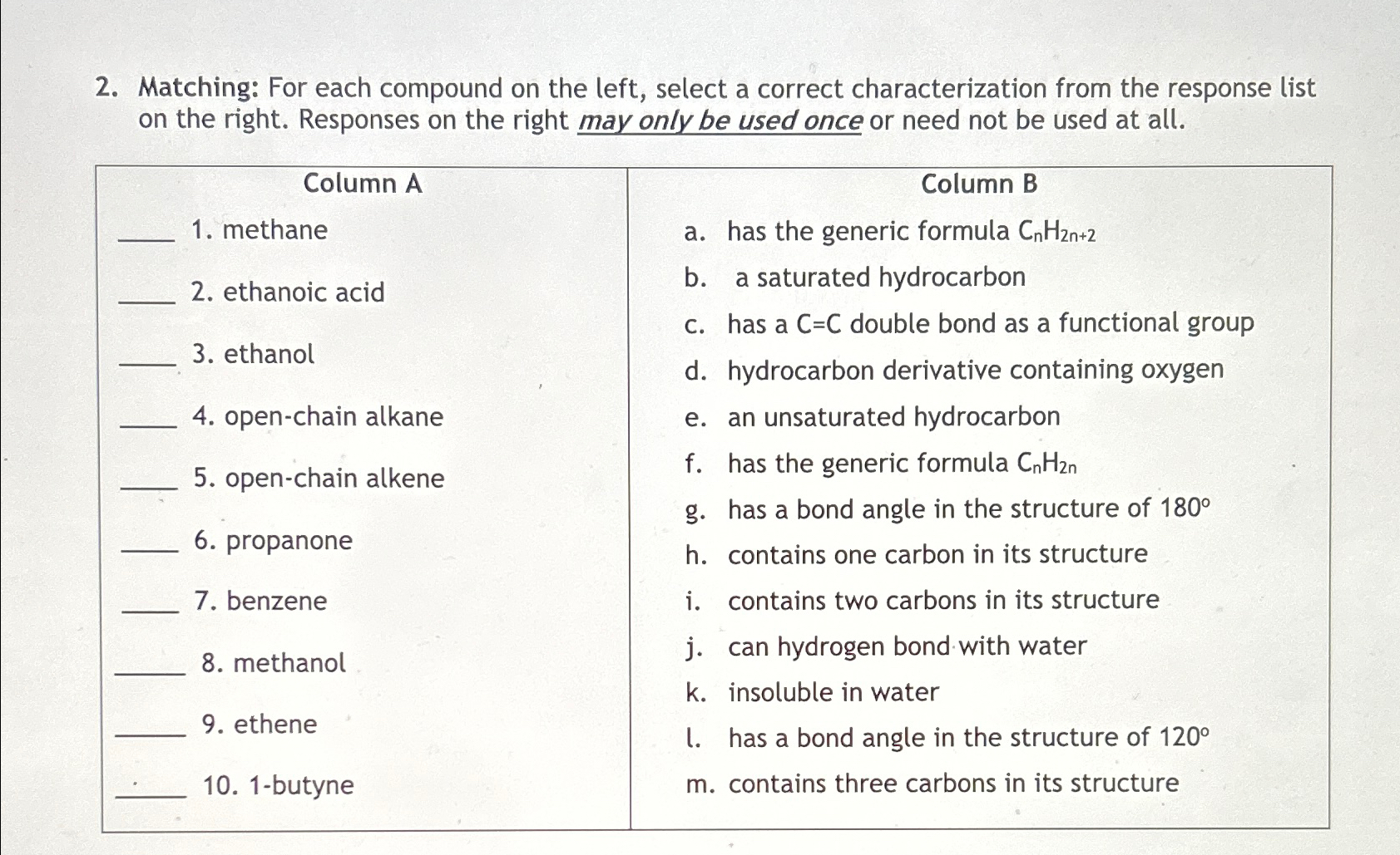 Solved Matching: For each compound on the left, select a | Chegg.com