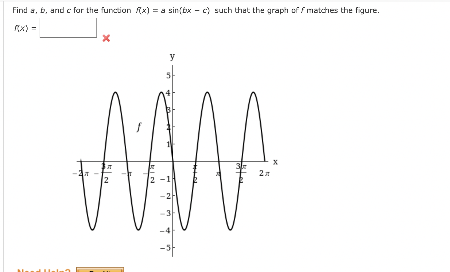 Solved Find a,b, ﻿and c ﻿for the function f(x)=asin(bx-c) | Chegg.com