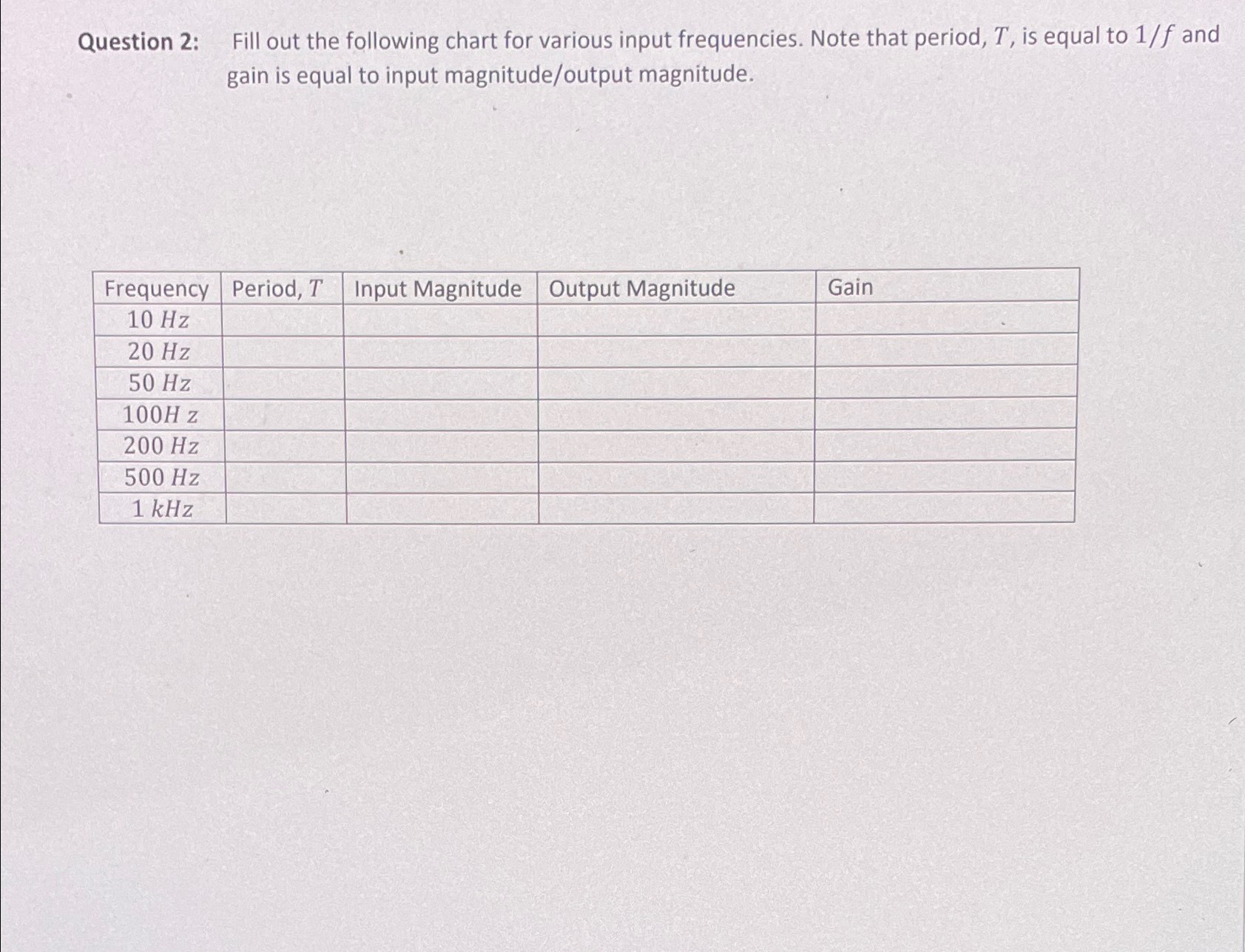 Question 2: Fill out the following chart for various | Chegg.com