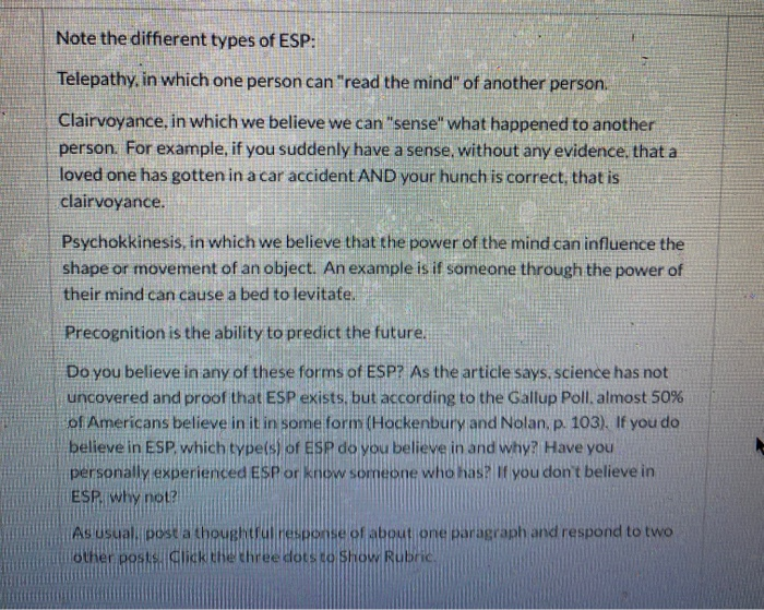 Solved Note the diffierent types of ESP: Telepathy, in which | Chegg.com
