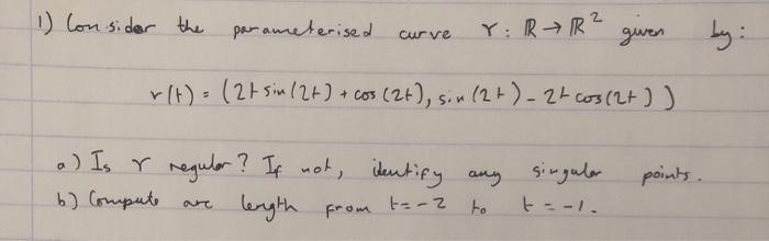Solved 2 1) Consider the parameterised curve Y: RR² gwen by | Chegg.com