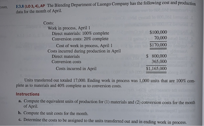 Solved costs. E3.8 (LO 3, 4), AP The Blending Department of | Chegg.com
