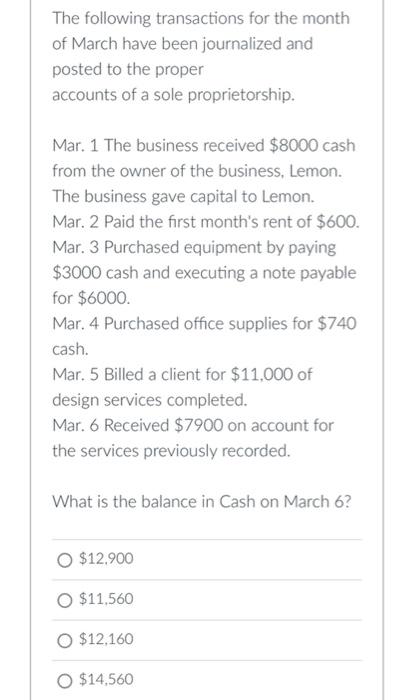 Solved The following transactions for the month of March | Chegg.com