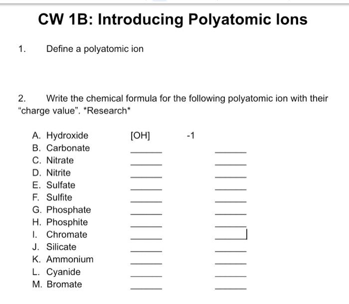 Solved 1. Define a polyatomic ion 2. Write the chemical | Chegg.com