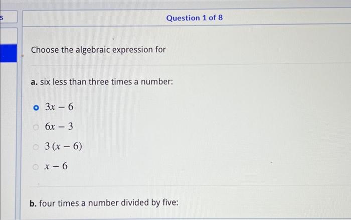 Solved Choose the algebraic expression for a. six less than | Chegg.com