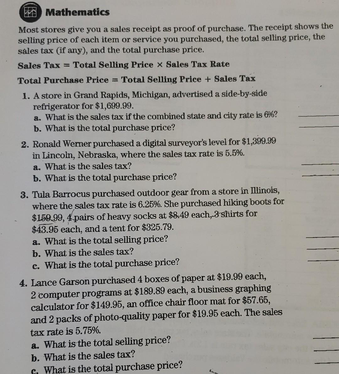 Solved W Mathematics Most stores give you a sales receipt as | Chegg.com