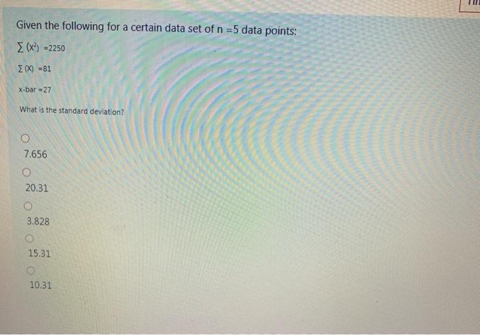 Solved Given the following for a certain data set of n =5 | Chegg.com