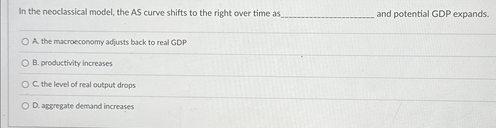Solved In the neoclassical model, the AS curve shifts to the | Chegg.com