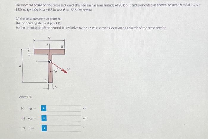 Solved The moment acting on the cross section of the T-beam | Chegg.com