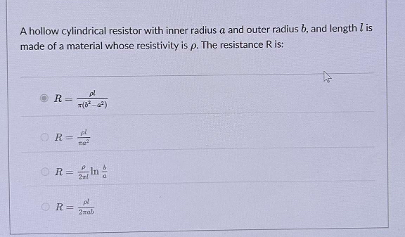 Solved A hollow cylindrical resistor with inner radius a and | Chegg.com