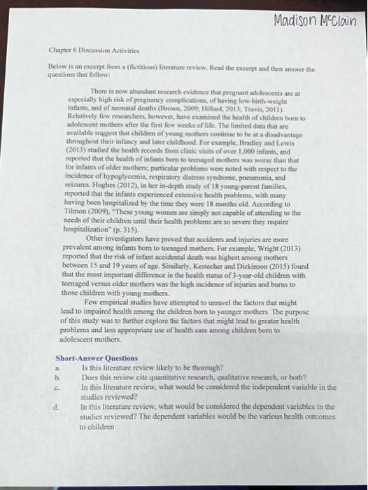 Solved Chapter 6 Discussion Activities Below is an excerpt | Chegg.com