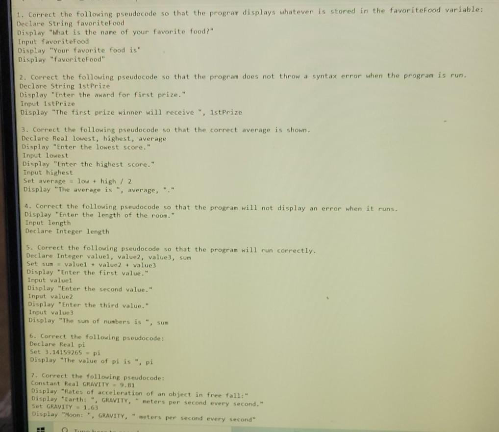 Solved 1. Correct the following pseudocode so that the | Chegg.com