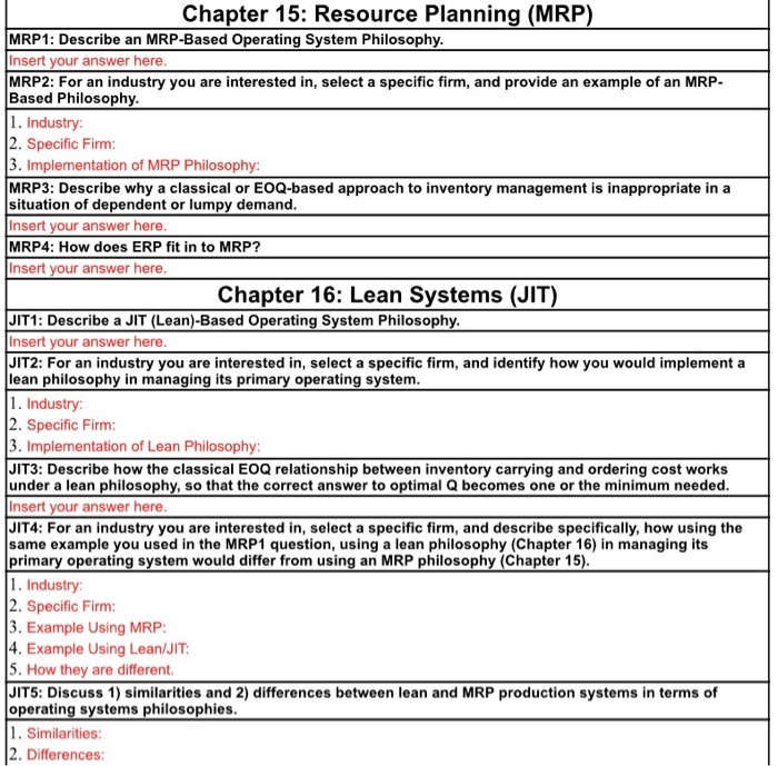 Solved Chapter 15: Resource Planning (MRP) MRP1: Describe an | Chegg.com