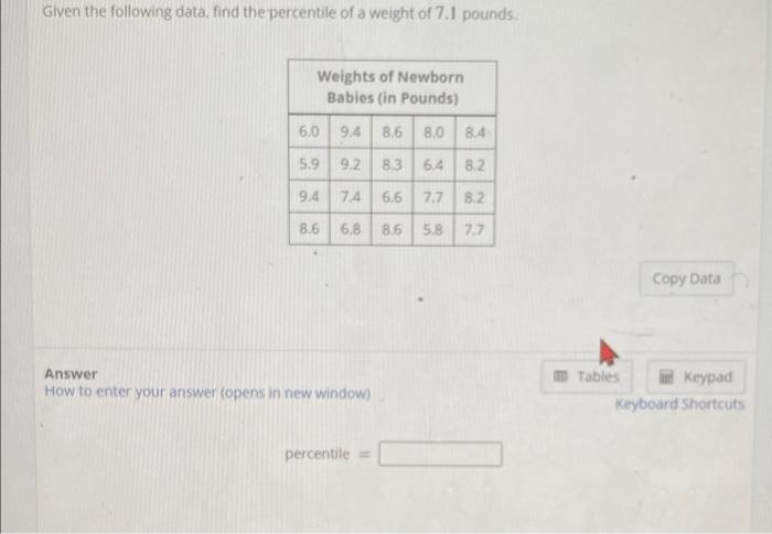 Solved Given The Following Data Find The Percentile Of A 