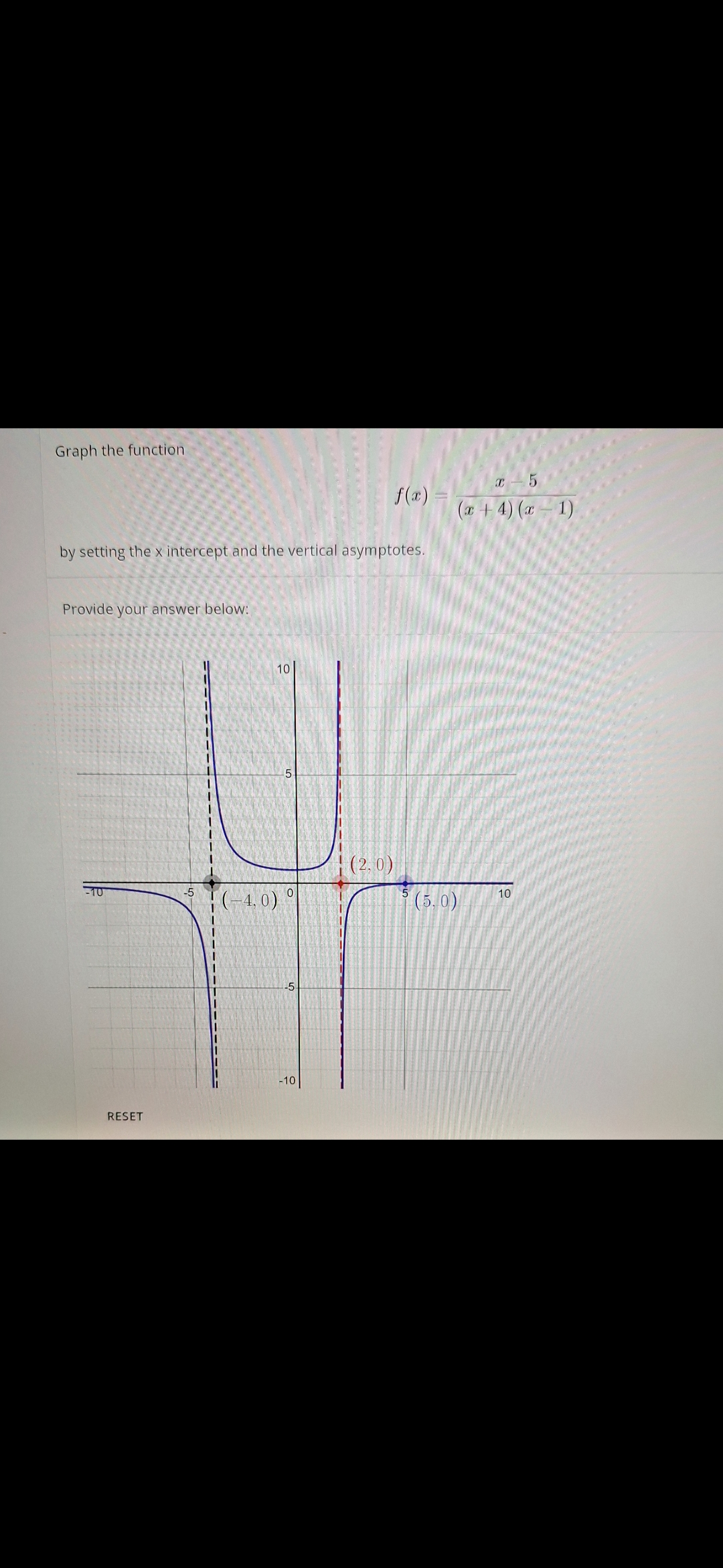 Solved Graph the functionf(x)=x-5(x+4)(x-1)by setting the x | Chegg.com