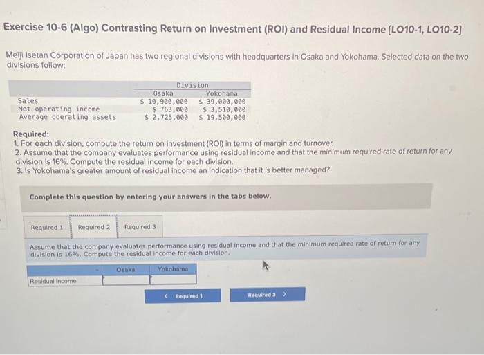 Solved Exercise 10-6 (Algo) Contrasting Return on Investment | Chegg.com