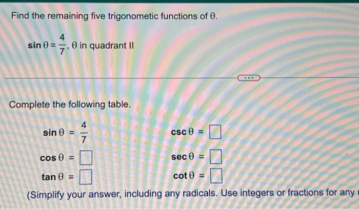 Solved Find the remaining five trigonometic functions of θ. | Chegg.com
