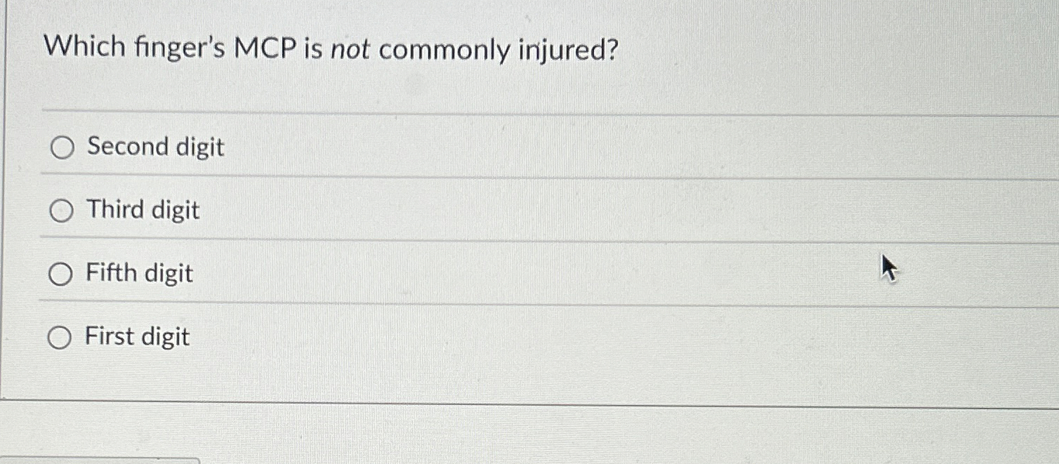 Solved Which finger's MCP is not commonly injured?Second | Chegg.com