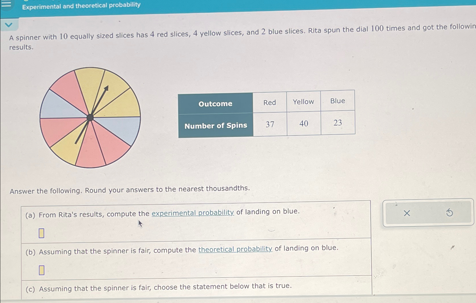 Solved Experimental and theoretical probabilityA spinner | Chegg.com
