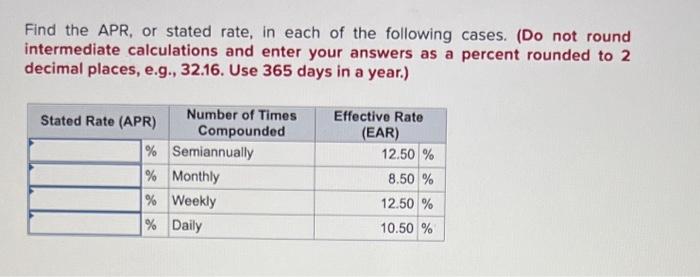 Solved Find the APR, or stated rate, in each of the | Chegg.com