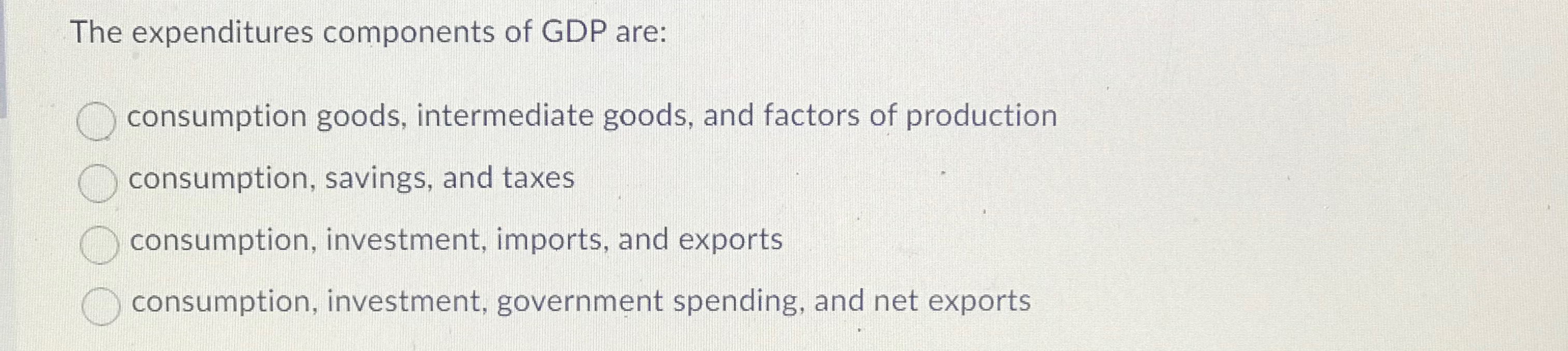 Solved The expenditures components of GDP are:consumption | Chegg.com