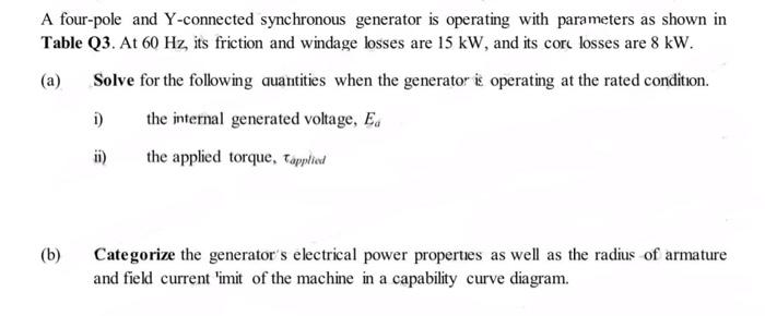 Solved A four-pole and Y-connected synchronous generator is | Chegg.com